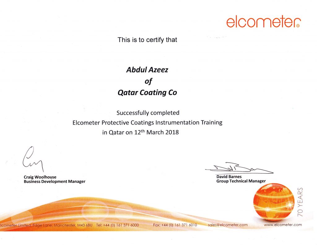 QA/QC Certificate – Qatar Coating Co. & Suroor Baliyoor